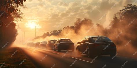 Car Emitting Exhaust Fumes In Traffic Increasing Pollution And Environmental Impact Concept