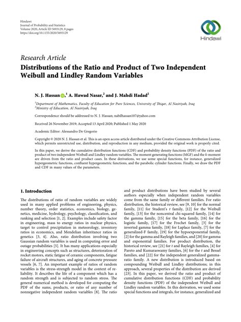 Pdf Distributions Of The Ratio And Product Of Two Independent Weibull