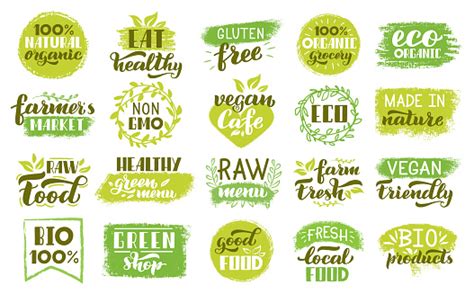 유기농 에코 스티커 녹색 천연 식품 라벨 채식 건강 식품 배지 비건 생태 신선한 제품 스탬프 벡터 일러스트레이션 세트 0명에 대한 스톡 벡터 아트 및 기타 이미지 Istock