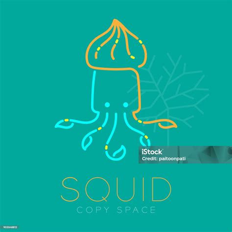 오징어와 산호 기호 아이콘 개요 스트로크 설정 대시 선 디자인 일러스트 레이 션 블루 오렌지와 노란색 오징어 텍스트와 녹색 청록색 배경에 절연 및 공간 복사 Eps10 벡터