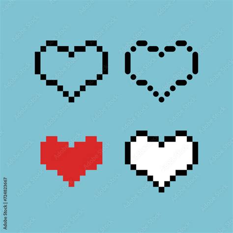 Pixel art outline sets icon of heart variation color. Heart icon on pixelated style. 8bits ...