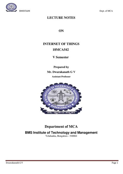 Iot Lecture Notes Dwarakanath G V Lecture Notes On Internet Of Things 18mca V Semester