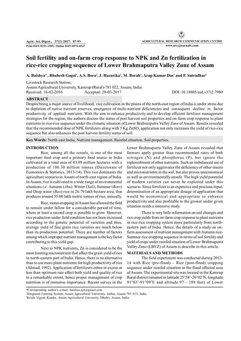 (PDF) Soil fertility and on-farm crop response to NPK and Zn fertilization in rice-rice cropping ...