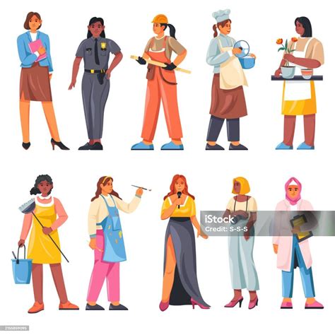 여성은 다양한 직업을 가지고 있습니다 여성 직업 여성 직업 캐릭터 전문 노동자 유니폼 숙녀 경력 빌더 교사 경찰 요리사 직업