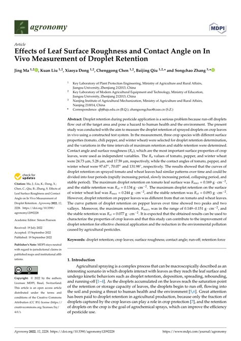 Pdf Effects Of Leaf Surface Roughness And Contact Angle On In Vivo Measurement Of Droplet