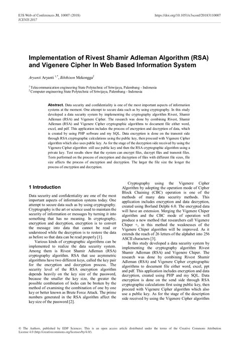 Pdf Implementation Of Rivest Shamir Adleman Algorithm Rsa And Vigenere Cipher In Web Based