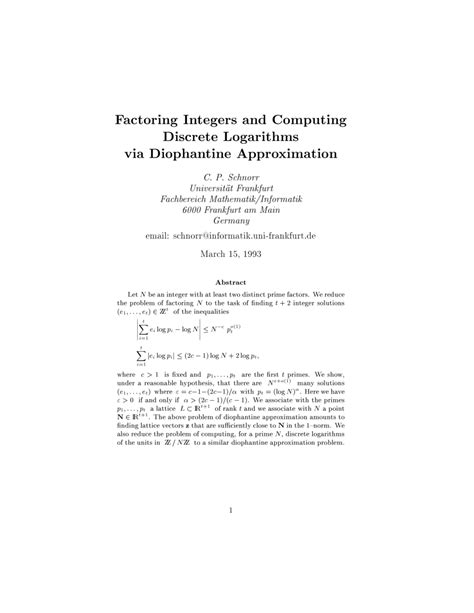 Pdf Factoring Integers And Computing Discrete Logarithms Via Diophantine Approximation