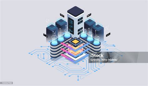 데이터 센터 서버룸 개념입니다 빅 데이터 처리 미래의 에너지 스테이션의 개념 기술 시각화 개념입니다 3d 아이소메트릭 벡터 그림 데이터에 대한 스톡 벡터 아트 및 기타