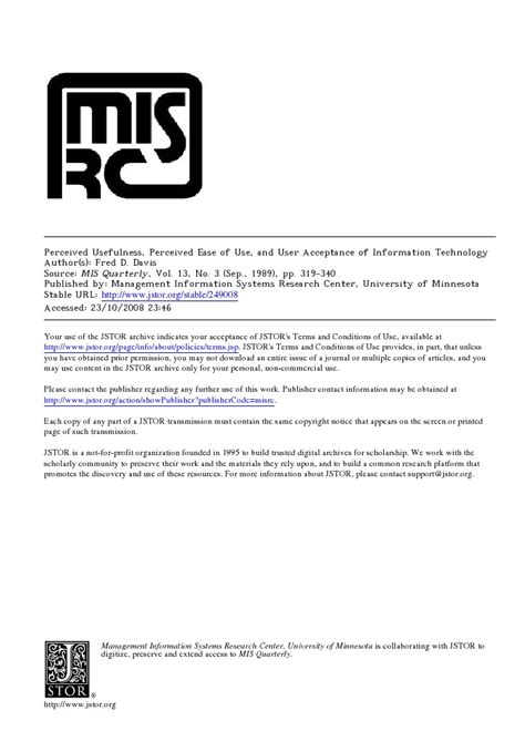 Perceived Usefulness Perceived Ease Of Use And User Acceptance Of Information Technology Pdf