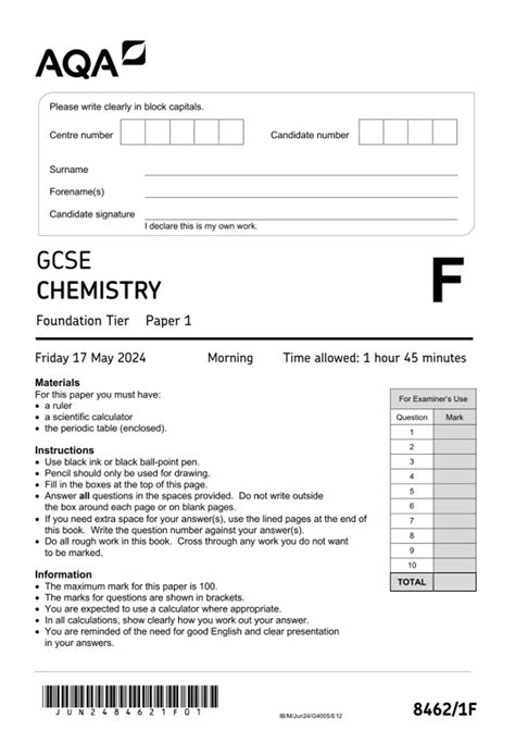 Aqa Gcse Chemistry Foundation Tier Paper 1 And 2 June 2024 Question