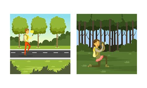 숲에서 카메라와 함께 사진을 찍고 골목 길 벡터 세트를 따라 산책하는 야외 산책을 즐기는 남자와 여자 사람들에 대한 스톡 벡터 아트 및 기타 이미지 Istock