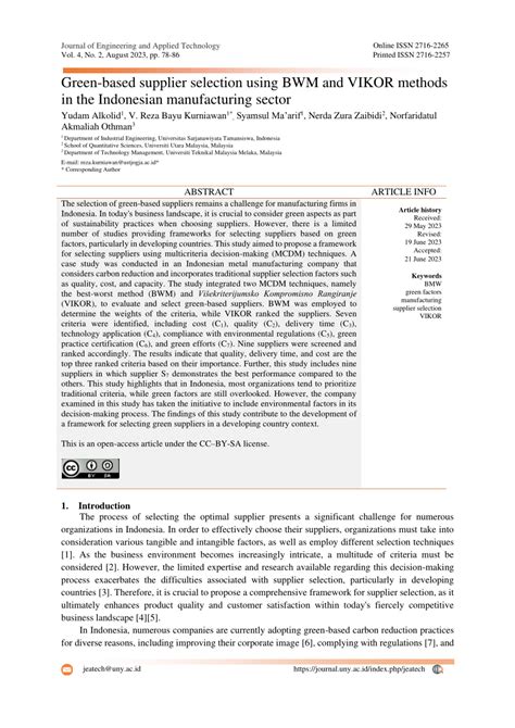 Pdf Green Based Supplier Selection Using Bwm And Vikor Methods In The Indonesian Manufacturing