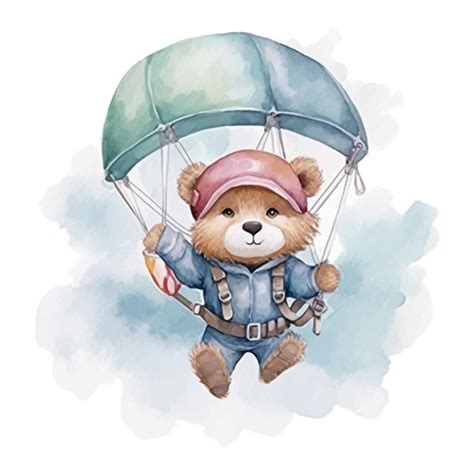 Desenho De Urso Fofo Voando Com Pára Quedas No Estilo De Pintura Em