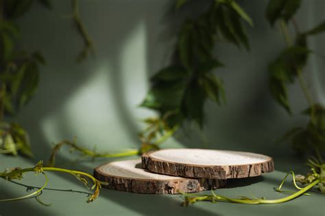 그림자와 어두운 녹색 배경에 프리젠 테이션 및 전시회를위한 자연 둥근 나무 스탠드 유기농 화장품을 위해 녹색 잎으로 3d 빈 연단을 모의 공간을 복사합니다 3차원 형태에