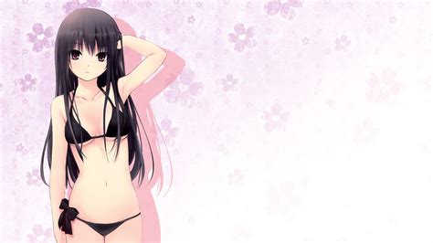 Wallpaper Long Hair Anime Girls Cartoon Black Hair Bikini Pink