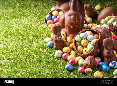 Easter Egg Hunting Background Various Candy And Chocolate Easter Eggs