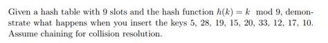 Solved Given a hash table with 9 slots and the hash function | Chegg.com