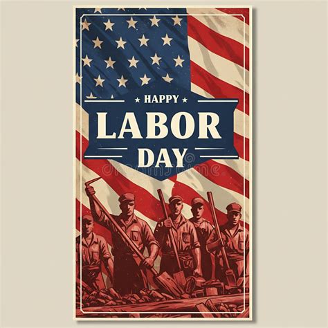 Vintage Style Labor Day Poster Featuring Five Male Figures Dressed In