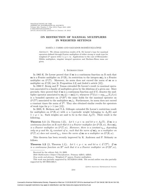 Pdf On Restriction Of Maximal Multipliers In Weighted Settings