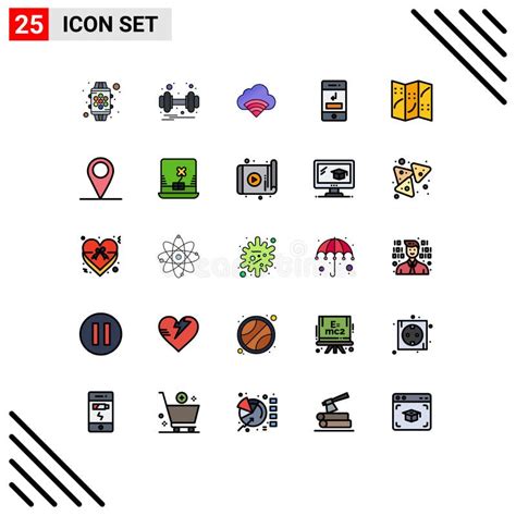 Group Of 25 Modern Filled Line Flat Colors Set For Map Phone Cloud Missed Arrows Stock