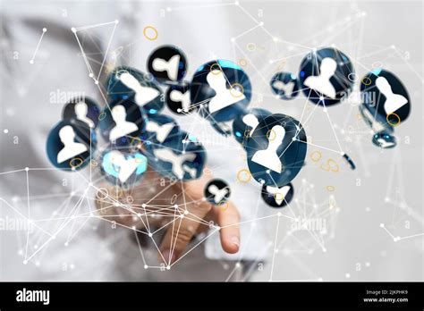 A 3d Rendering Of Human Icons With Hand Tapping On It From Behind Internet Communication Concept