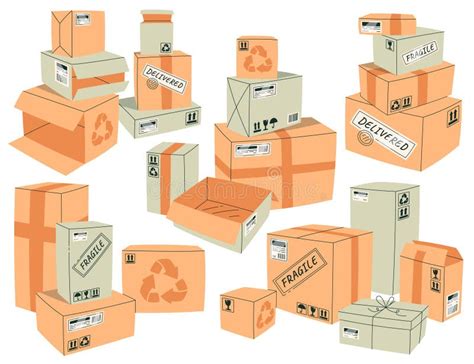 Stacks Of Cardboard Boxes Flat Icons Set Stock Vector Illustration Of