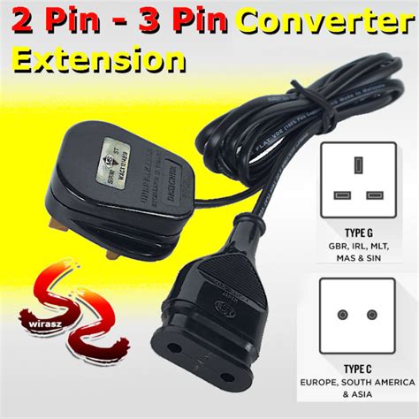 Euro 2 Pin Plug To Standard 3 Pin 13a Plug Top Power Cord Extension Convertor Cable Set 1m 2m 3m