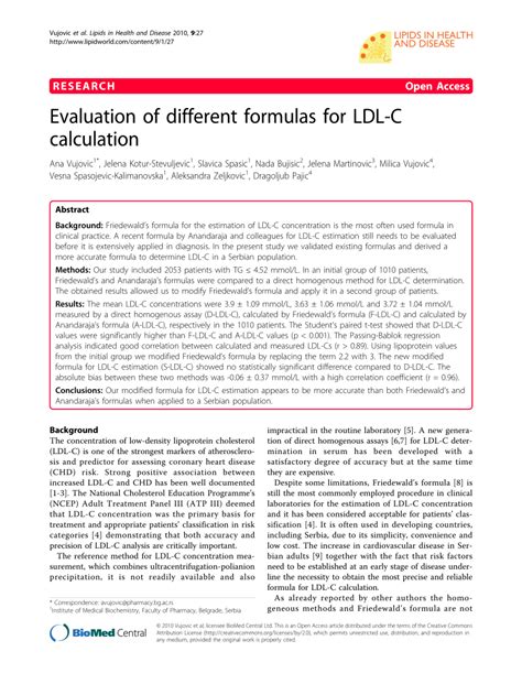 Pdf Evaluation Of Different Formulas For Ldl C Calculation