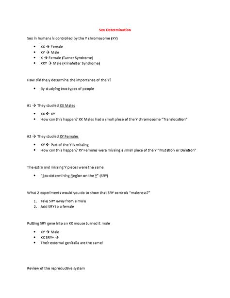SEX Determination Lecture Notes 11 Sex Determination Sex In Humans Is Controlled By The Y
