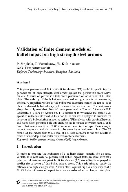 Pdf Validation Of Finite Element Models Of Bullet Impact On High