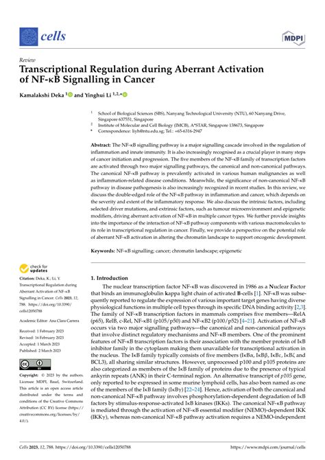 Pdf Transcriptional Regulation During Aberrant Activation Of Nf κb