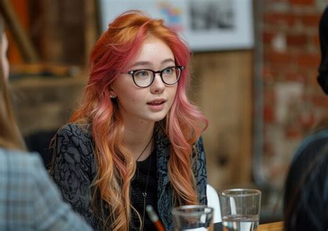 Young Woman With Pink Hair Listens In Cafe A Young Woman With Long Pink