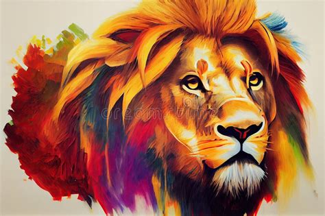 Colourful Stylised Lion Portrait On Grey Background Created Using Generative Ai Technology