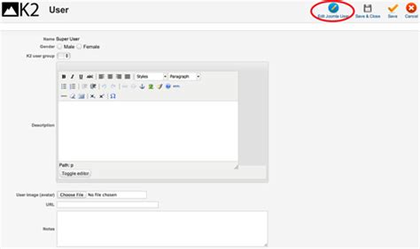 editing user fields in joomla and k2