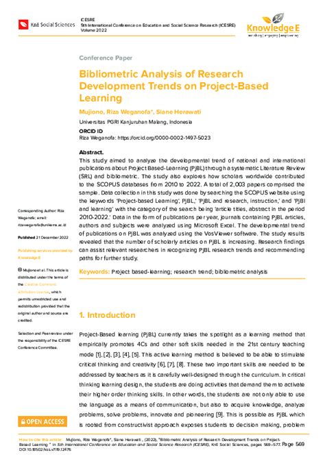 Pdf Bibliometric Analysis Of Research Development Trends On Project Based Learning