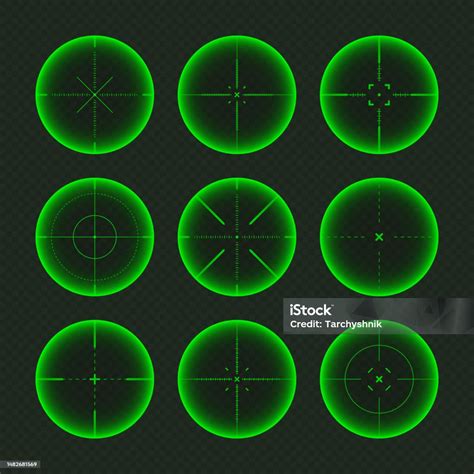 다양한 무기 야간 명소 저격 소총 광학 스코프 십자선이있는 사냥 총 뷰파인더 조준 촬영 마크 기호 군사 대상 표지판 실루엣 게임 Ui 요소입니다 벡터 일러스트 레이 션