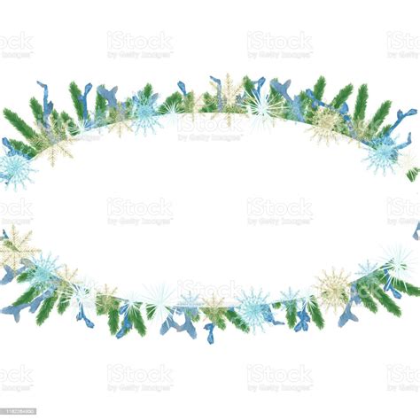 수채화 손 그린 겨울 자연 타원형 프레임 녹색 크리스마스 트리 전나무 가지와 파란색 가지 텍스트에 대한 공간과 흰색 배경에 주위에 금과 파란색 눈송이 0명에 대한 스톡 벡터