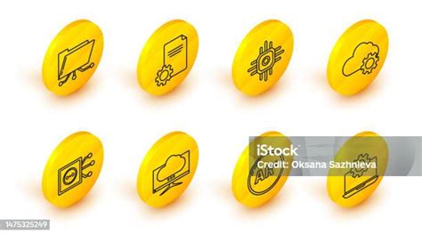 세트 라인 노트북 및 장비 Ar 증강 현실 컴퓨터 모니터 화면 원격 제어 클라우드 기술 데이터 전송 스토리지 프로세서 파일 문서 및 폴더 잠금 아이콘 벡터 3차원 형태에