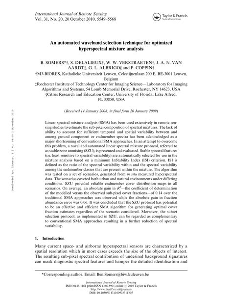 PDF An Automated Waveband Selection Technique For Optimized Hyperspectral Mixture Analysis