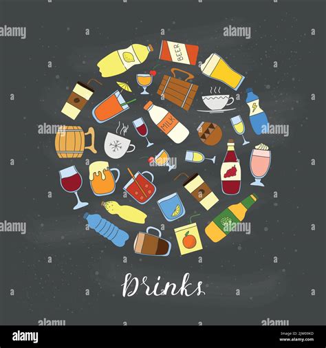 Different Doodle Colorful Liquid Drinks Composed In Circle Shape With Lettering Stock Vector