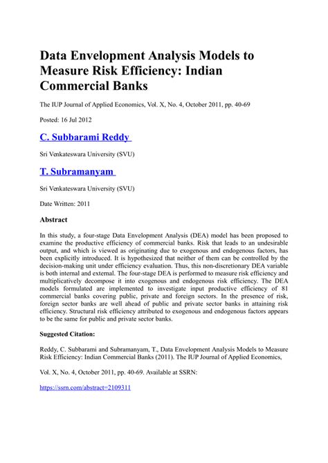 Pdf Data Envelopment Analysis Models To Measure Risk Efficiency Indian Commercial Banks