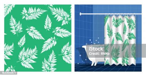 욕조와 커튼이 있는 욕실 내부는 야생 들판 잔디 파슬리와 초원 식물 표본 상자 잔디 매끄러운 패턴으로 장식되어 있습니다 벡터
