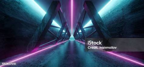 현대 미래 과학 Fi 우주선 삼각형 어두운 빈 코 리더 문과 자주색과 파란 네온 빛 튜브 빛 반사 배경 3d 렌더링 0명에 대한 스톡 사진 및 기타 이미지 Istock