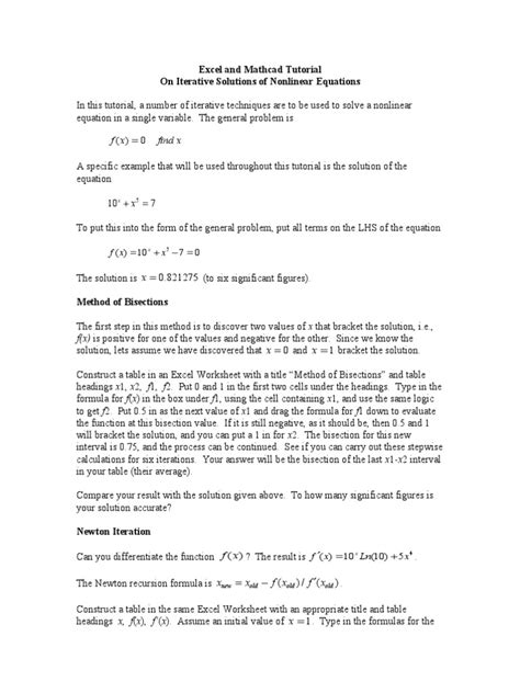 Excel And Mathcad Tutorial On Iterative Solutions Of Nonlinear