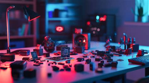 Diverse Collection Of Electronic Components On Modern Engineer S Desk In Ambient Lighting