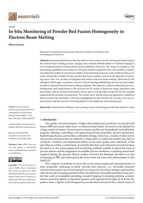 Pdf In Situ Monitoring Of Powder Bed Fusion Homogeneity In Electron