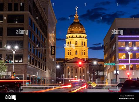 Twilight View Of The Historic State Capitol Building Of Downtown Topeka