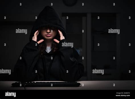 The Female Hacker Hacking Security Firewall Late In Office Stock Photo Alamy