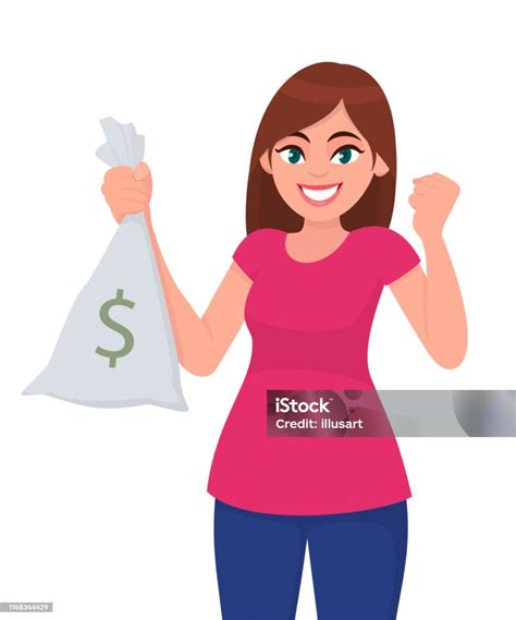 젊은 여자를 들고 표시 현금 돈 통화 메모 가방 달러 기호 및 제기 손 주먹으로 행복 한 승리 또는 성공 제스처 현대 라이프