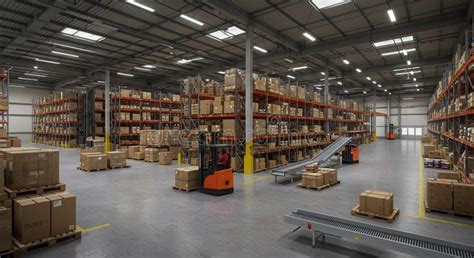 Industrial Warehouse With Pallet Jack And Conveyor System Stock